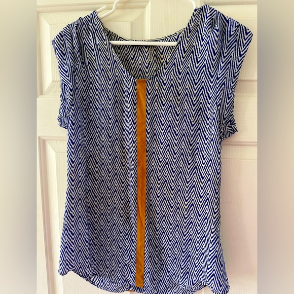 THML | Tops | Thml Blue And White Shirt With A Faux Brown Leather Strip ...